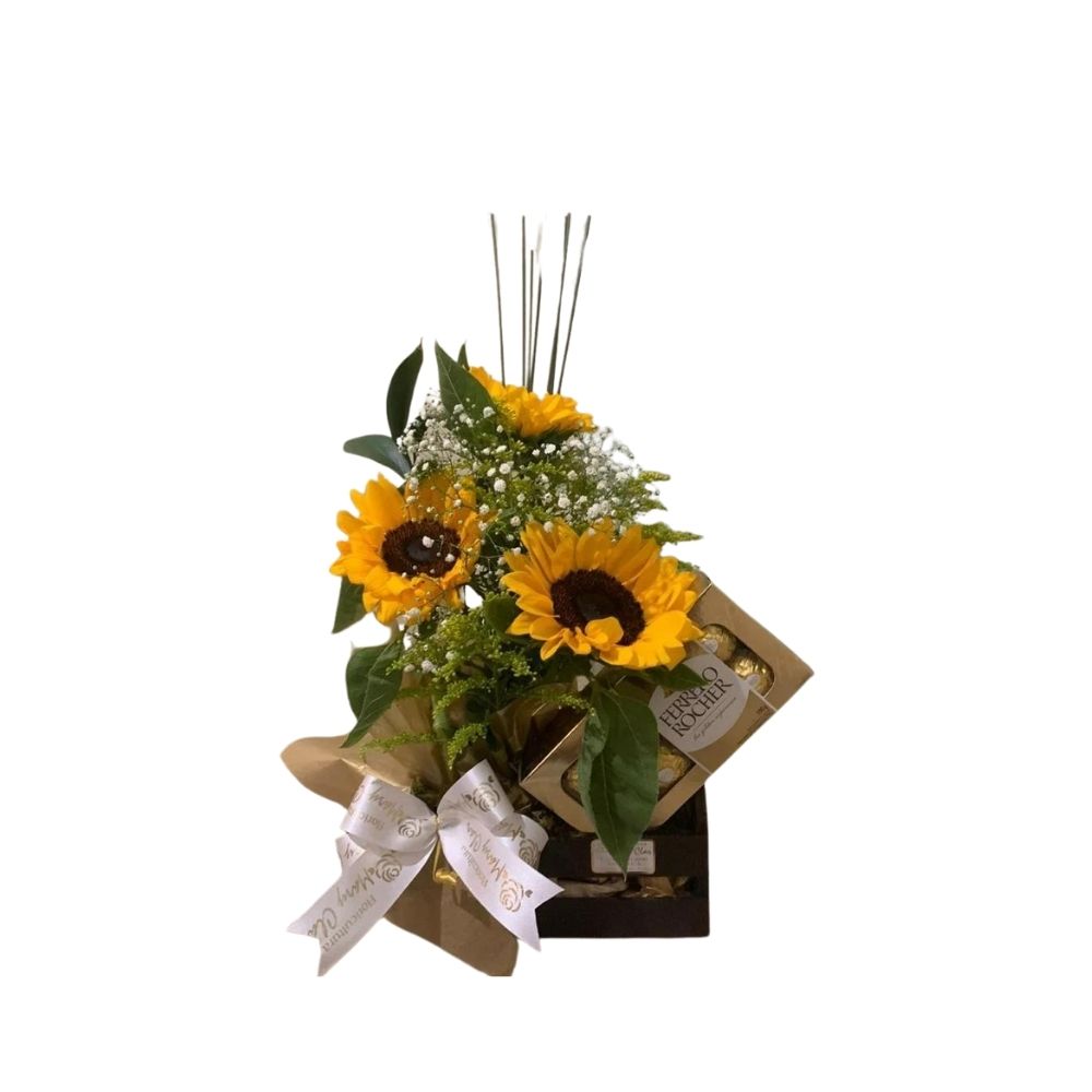 Mini Baú de Girassol com Ferrero - Floricultura Mary Clar ...